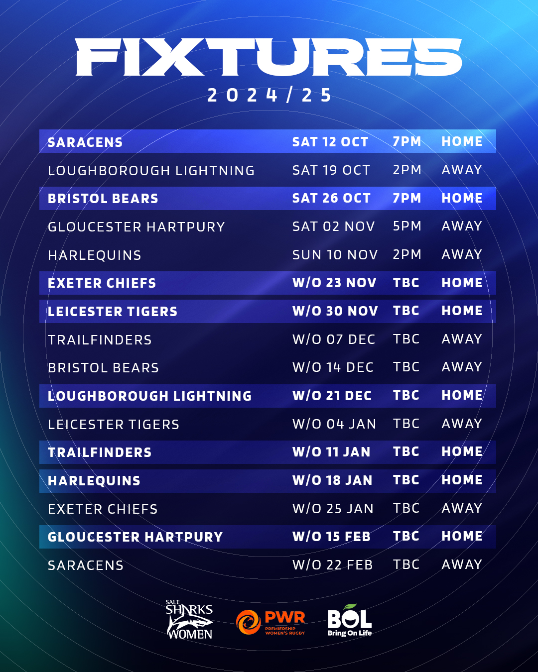 24/5 PWR FIXTURES REVEALED | Sale Sharks